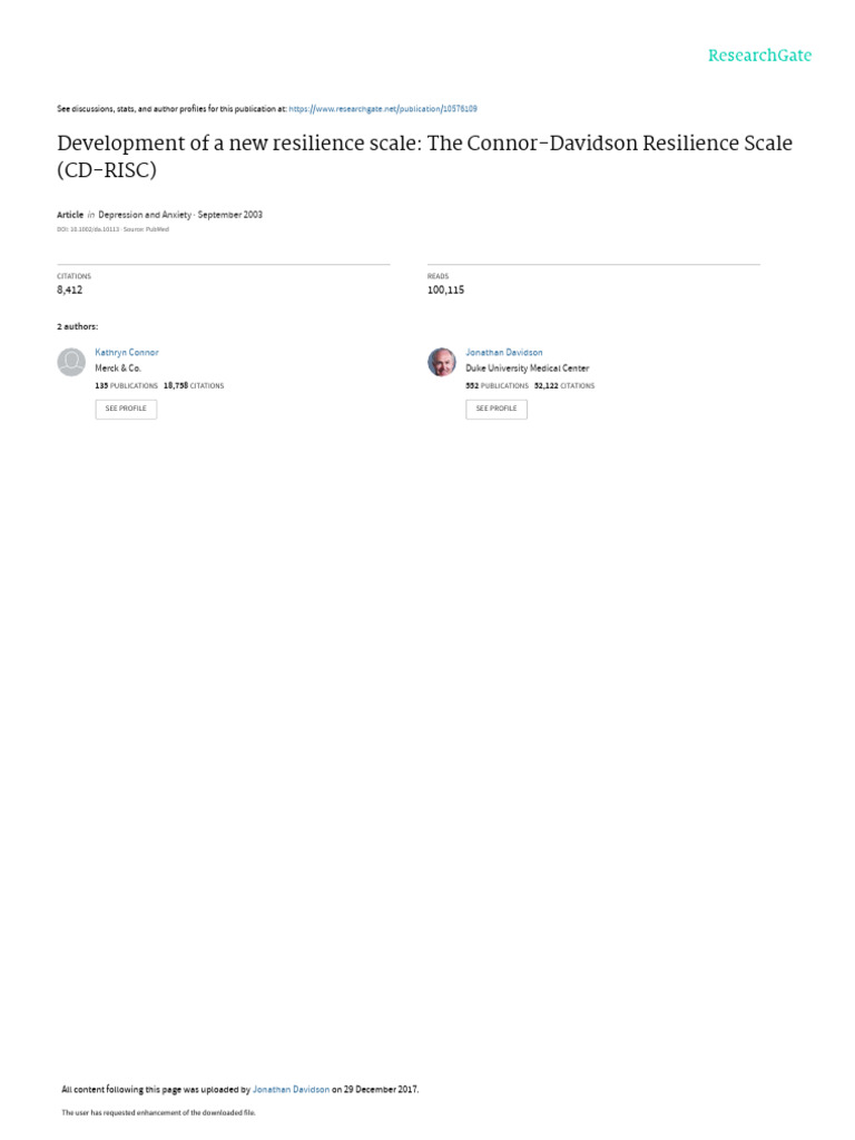 Connor-Davidson Resilience Scale Development | PDF | Psychological Resilience | Behavioural Sciences
