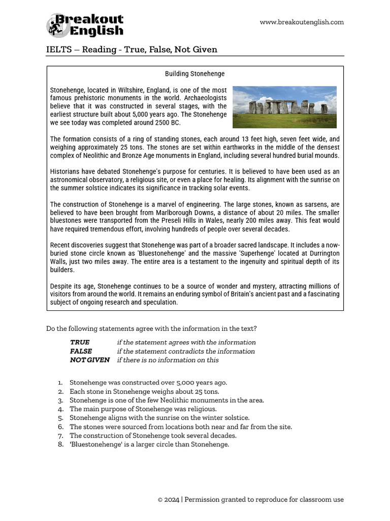 IELTS True False Not Given Stonehenge | PDF