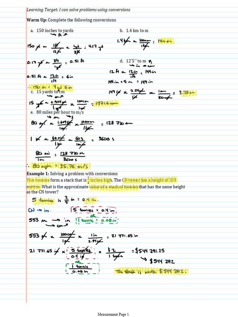 Converting Units Word Problems (1.3) | PDF
