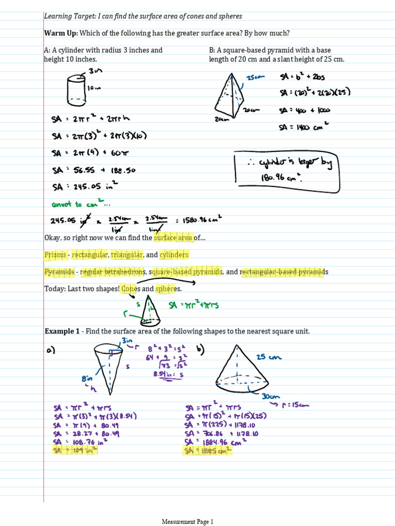SA of Cones and Spheres | PDF