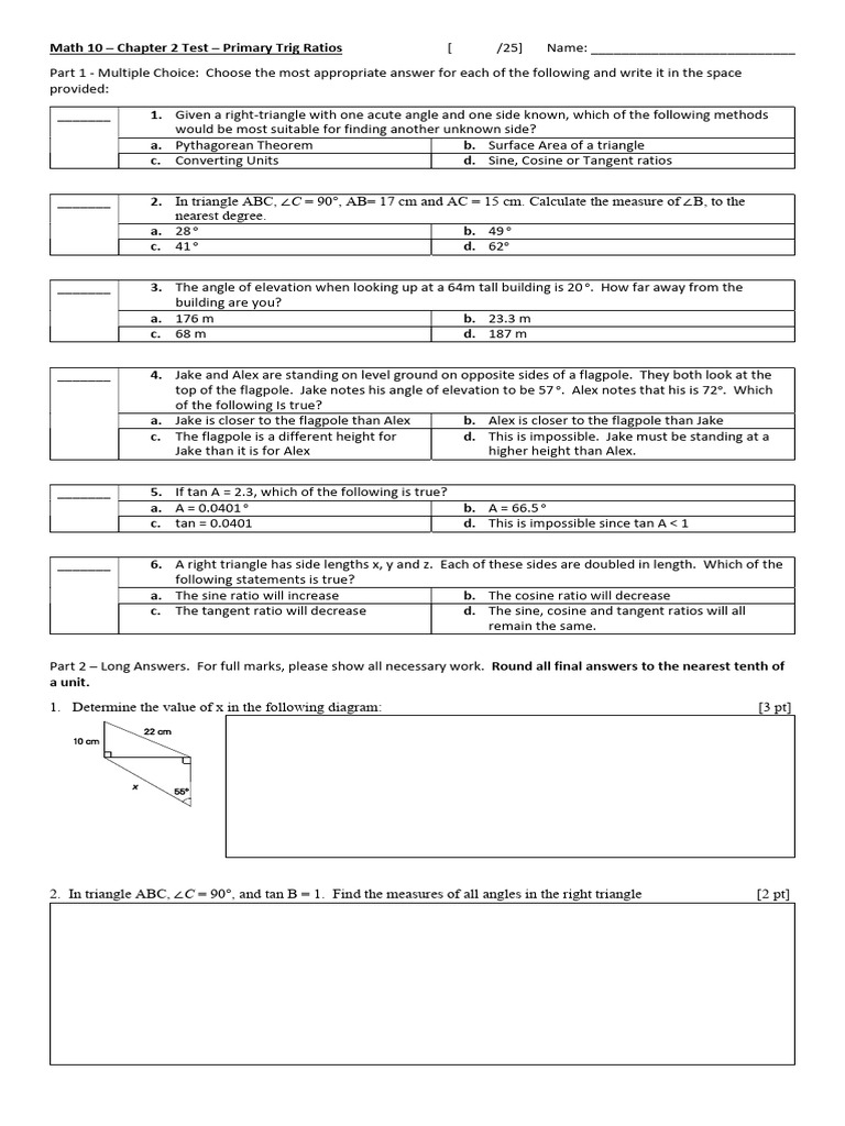Trigonometry Test: Primary Ratios | PDF | Trigonometric Functions ...