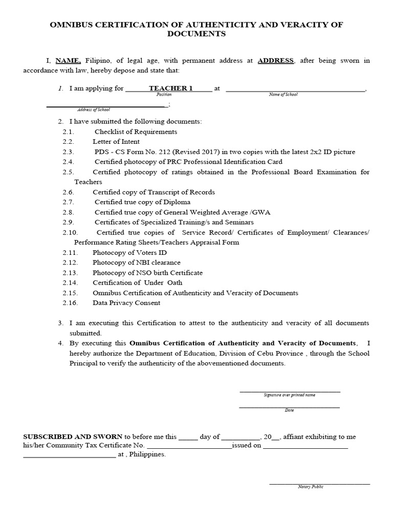 Omnibus Certification | PDF