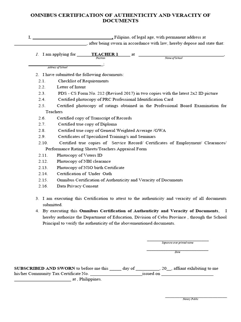 OMNIBUS CERTIFICATION OF AUTHENTICITY AND VERACITY OF DOCUMENTS - For ...