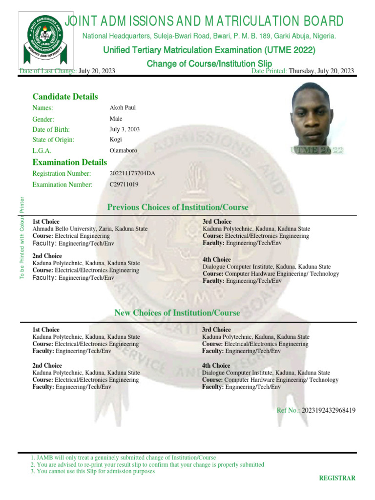 Joint Admissions and Matriculation Board: Candidate Details | Download ...