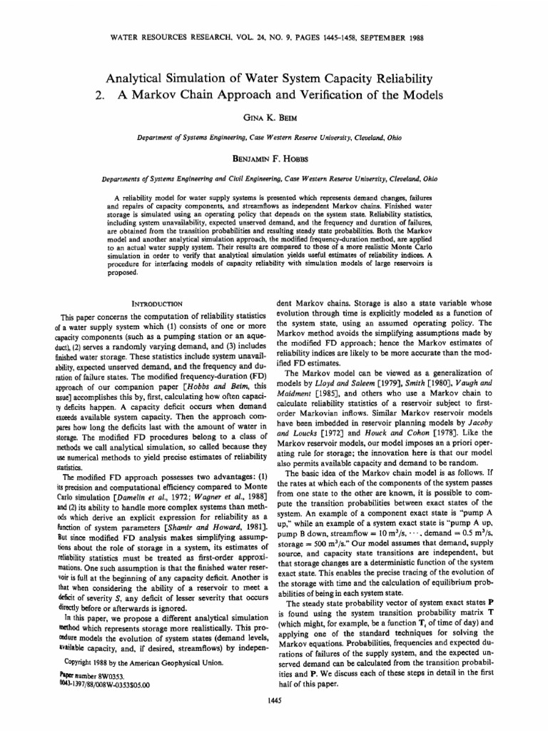 Analytical Simulation of Water System Capacity Reliability | PDF | Markov Chain | Reliability ...