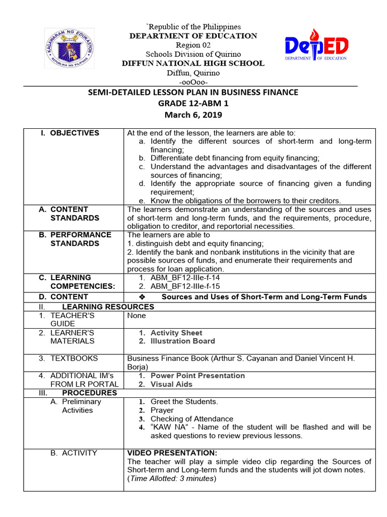 Grade 12 Business Finance Lesson Plan | PDF | Loans | Credit