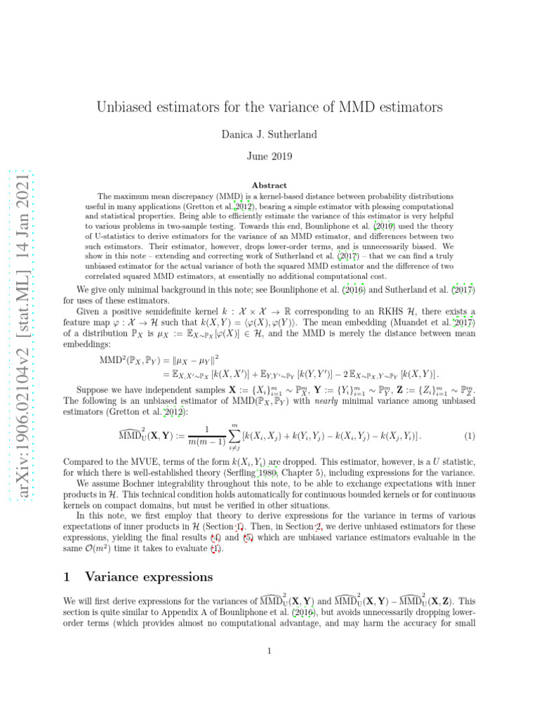 Sutherland, 2019 MMD Preprint | PDF | Estimator | Bias Of An Estimator