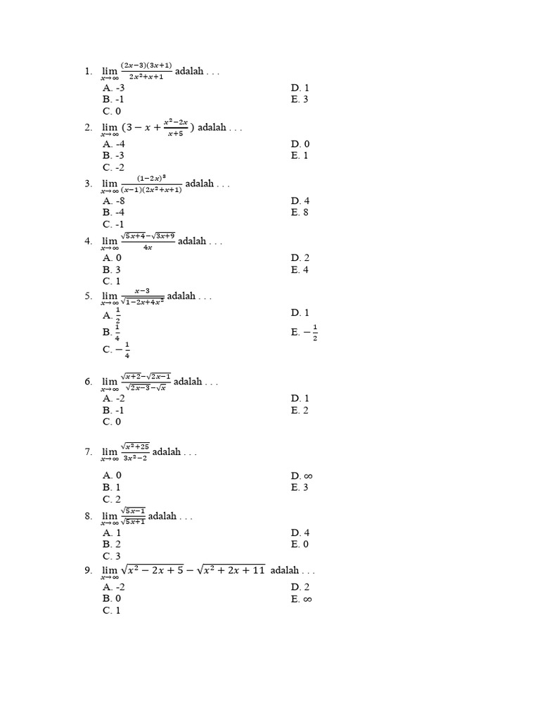 Soal Limit Fungsi Aljabar Tugas | PDF