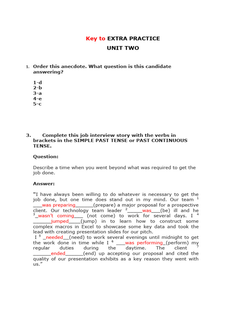 Key To EXTRA PRACTICE - UNIT 2 | PDF