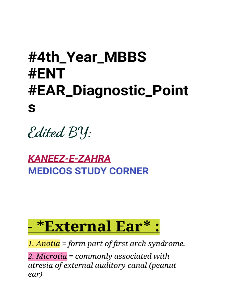 Ent Diagnosis (Kaneez-E-Zahra) | PDF | Ear | Human Head And Neck