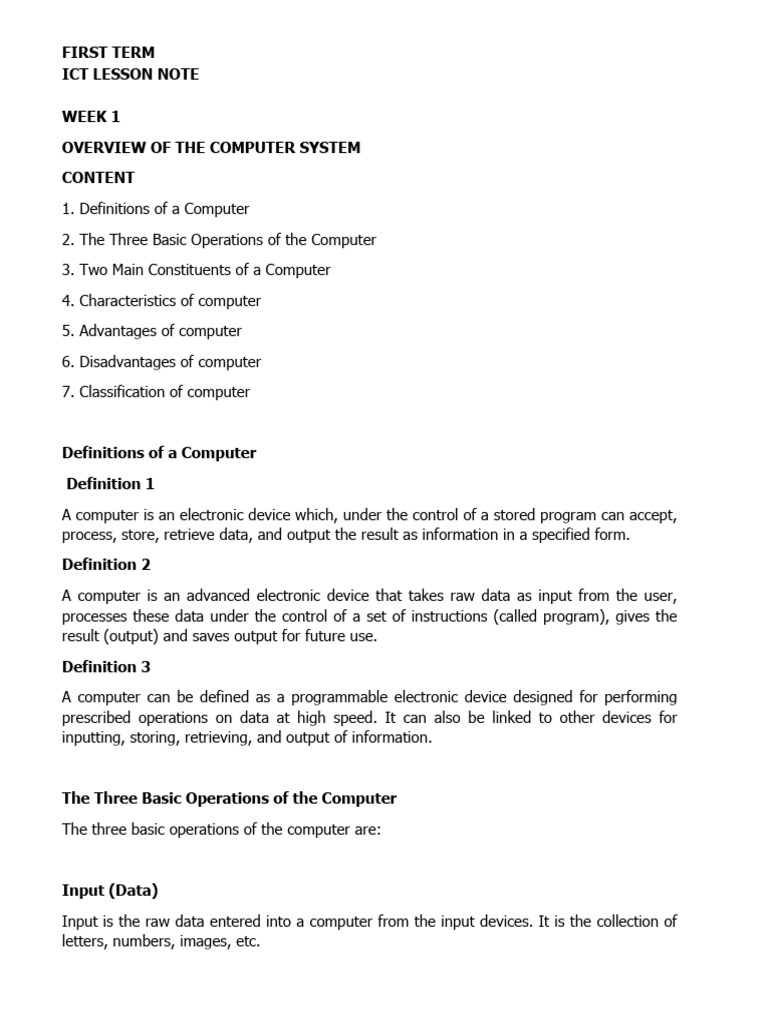 Ict SS1 Note From First Term To Third Term. | PDF | Operating System | Printer (Computing)