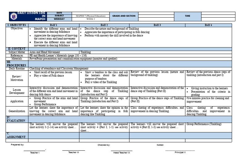 Q3 G7 Daily Lesson Log Pe Week 2 | PDF | Dances | Learning