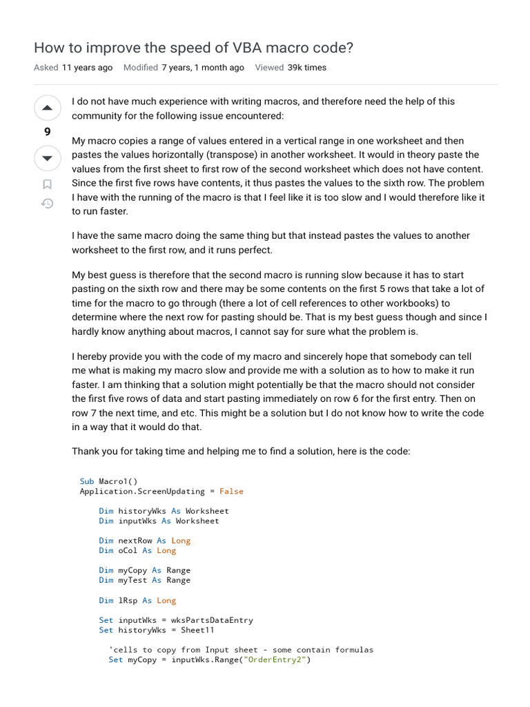 Excel How To Improve The Speed Of Vba Macro Code Stack Overflow Pdf Microsoft Excel 3306