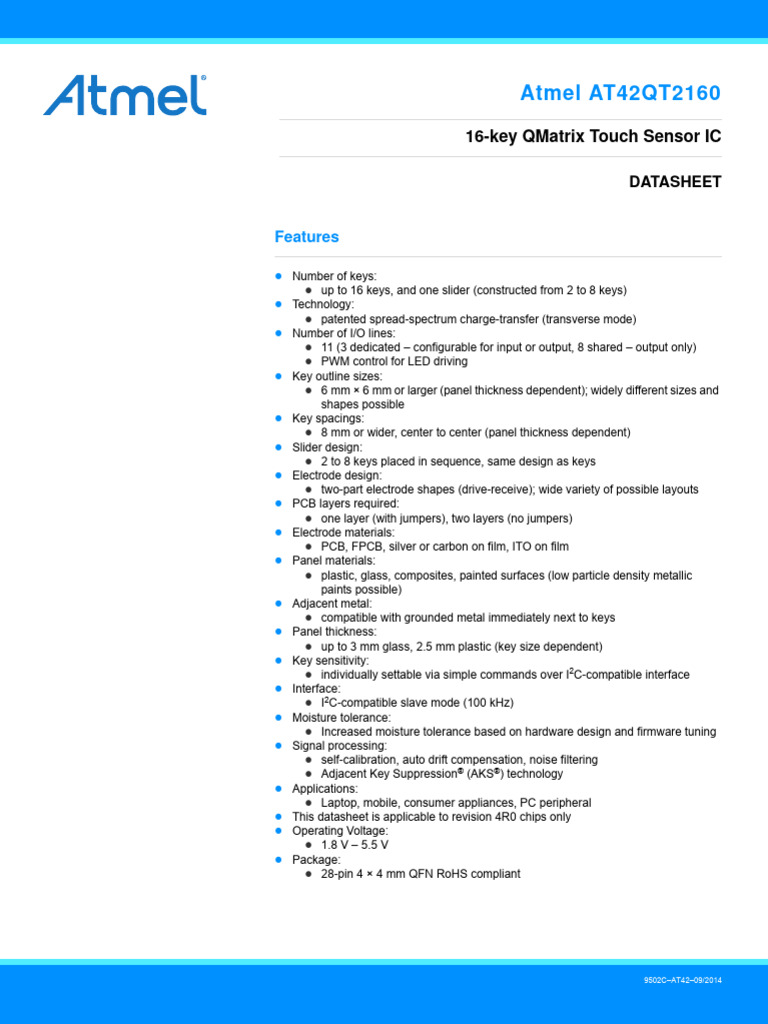 Atmel 9502 AT42 QTouch BSW AT42QT2160 - Datasheet 1359833 1 | PDF ...