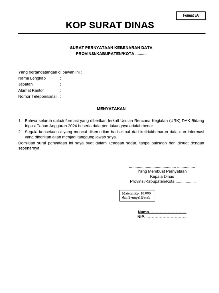 Format Surat Pernyataan Penyusunan URK | PDF