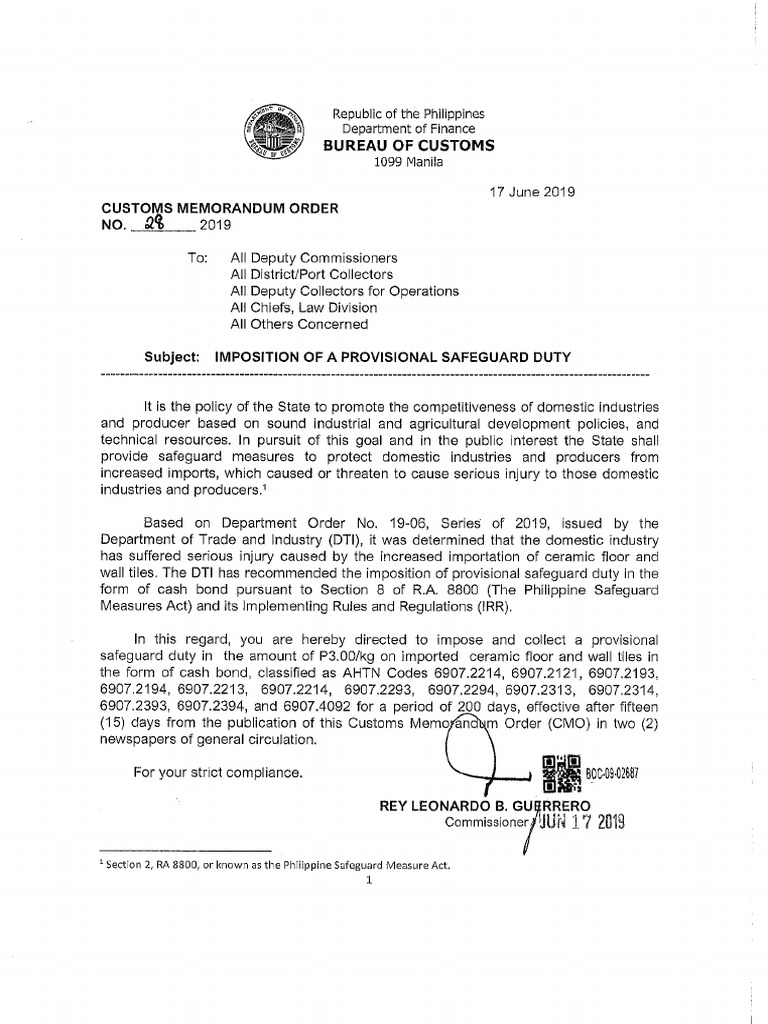 CMO-28-2019-Imposition of A Provisional Safeguard Duty | PDF