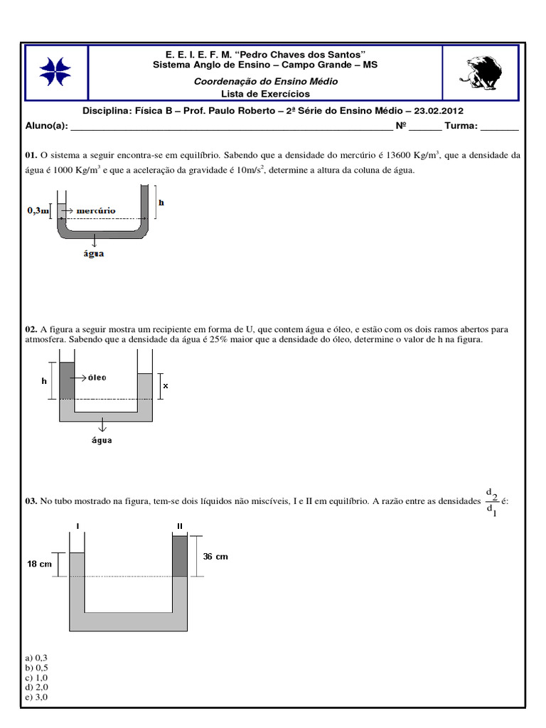 Exercícios - Teorema de Stevin | PDF
