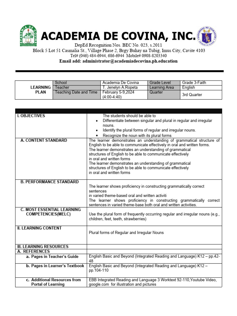 LP Grade 3 Week 1 Feb.5-9 | PDF | Plural | English Language