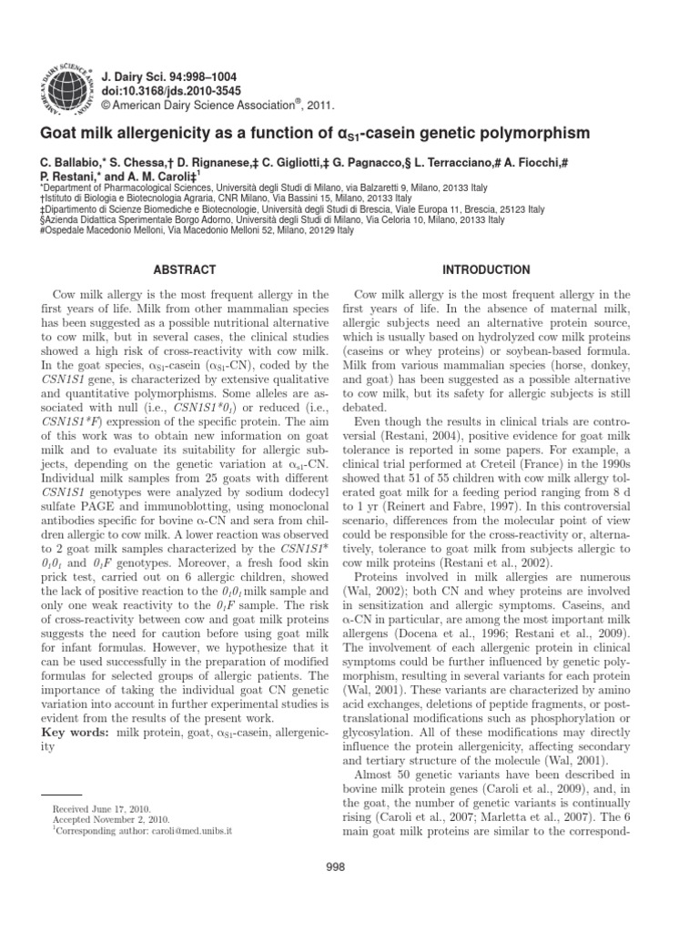 Goat Milk Allergenicity As A Function of Alfas1-Casein Genetic ...