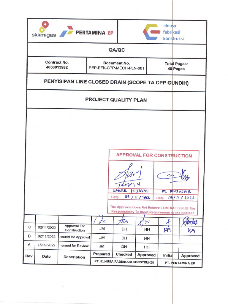 PEP-EFK-CPP-MECH-PLN-001-PROJECT QUALITY PLAN Rev. 0 Sign | PDF