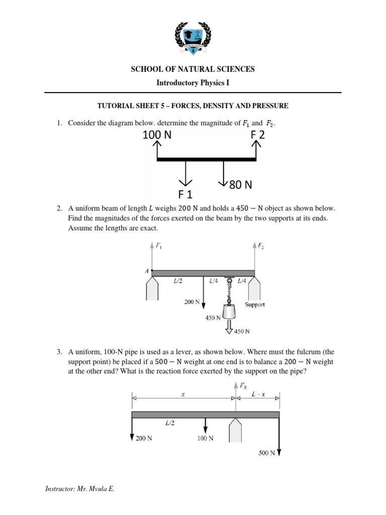 Tutorial Sheet On Forces Density And Pressure Pdf Force Density