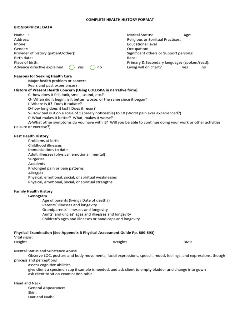 Complete Health History Format | PDF | Cough | Edema