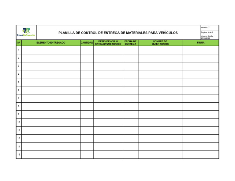 Formato Planilla de Control de Entrega de Materiales | PDF