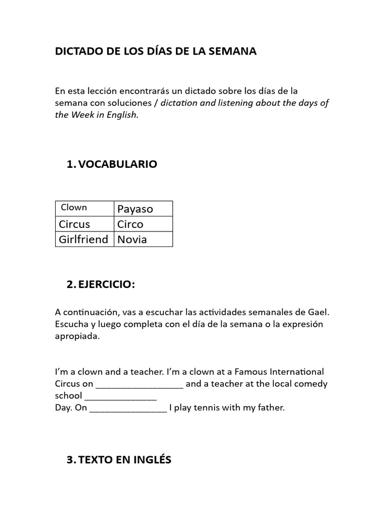 Dictado de Los Dias de La Semana | PDF