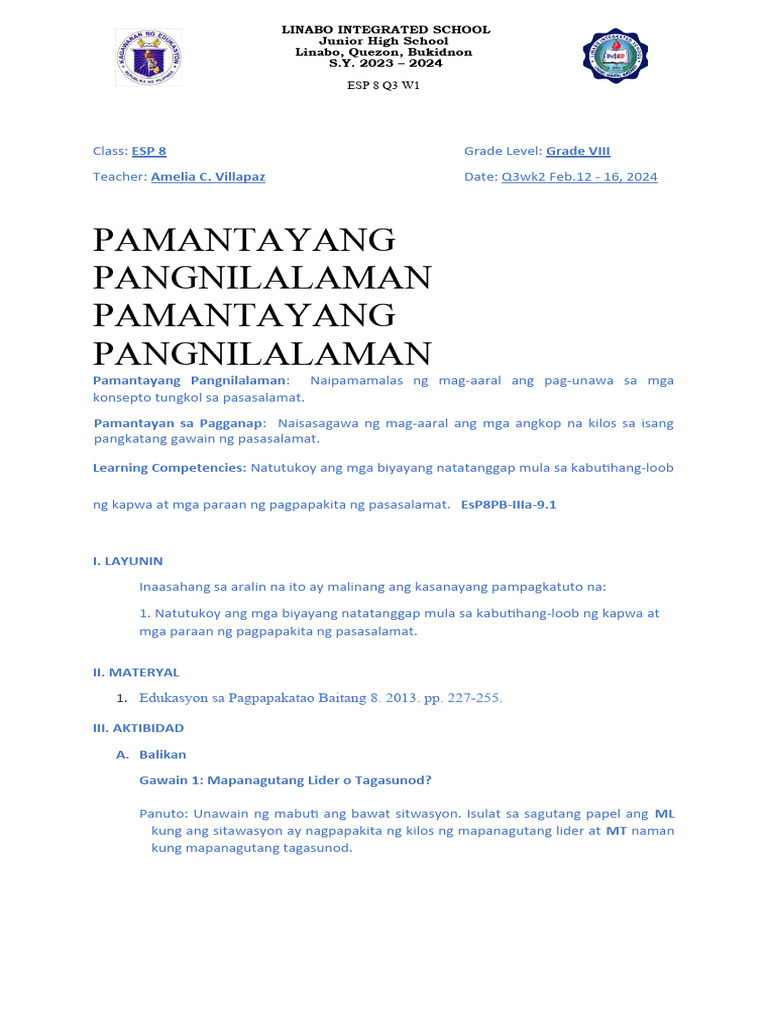 LP-ESP8-COT-Q3wk1, 23-24 | PDF