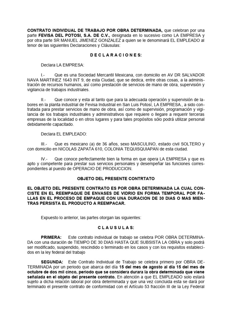 Contrato de Trabajo Por Obra Determinada | Descargar gratis PDF | Salario | Business