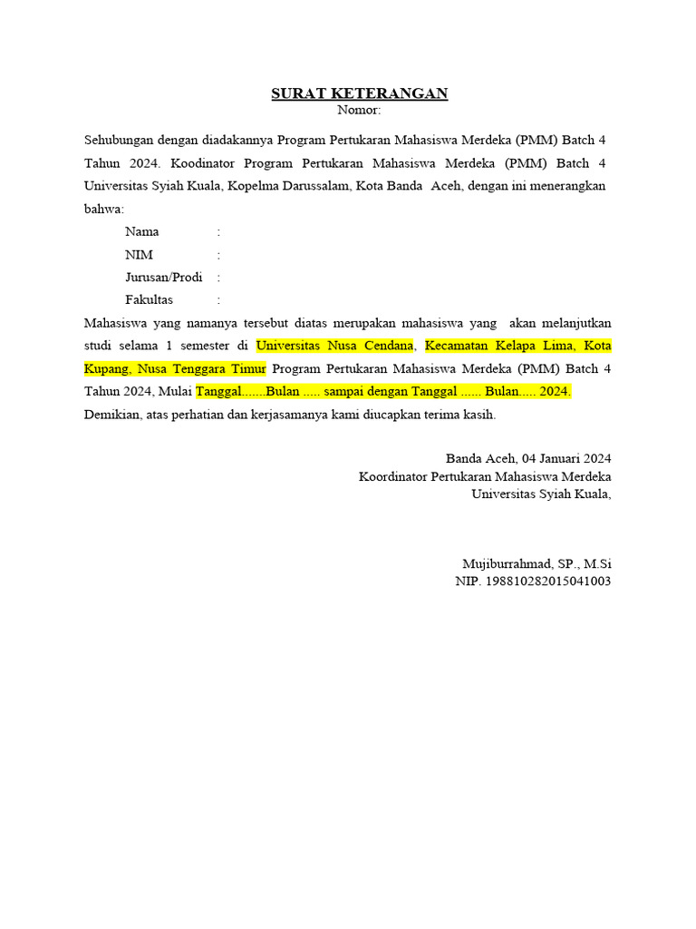 Surat PMM Batch 4 Universitas Syiah Kuala | PDF