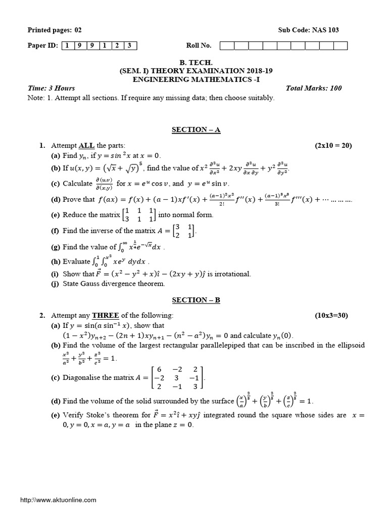 Btech 1 Sem Engineering Mathematics 1 Nas103 2019 | PDF | Matrix (Mathematics) | Complex Number