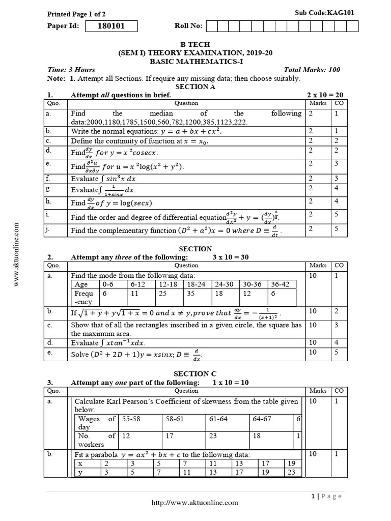 Btech 1 Sem Basic Mathematics 1 Kag101 2020 | PDF | Mathematical ... Btech 1 Sem Basic Mathematics 1 Kag101 2020 | PDF | Mathematical ...