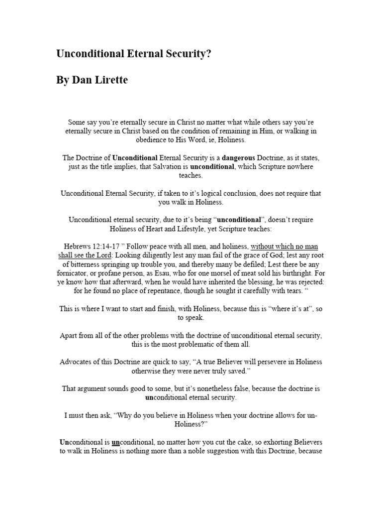 Unconditional Eternal Security | PDF | Perseverance Of The Saints | Jesus