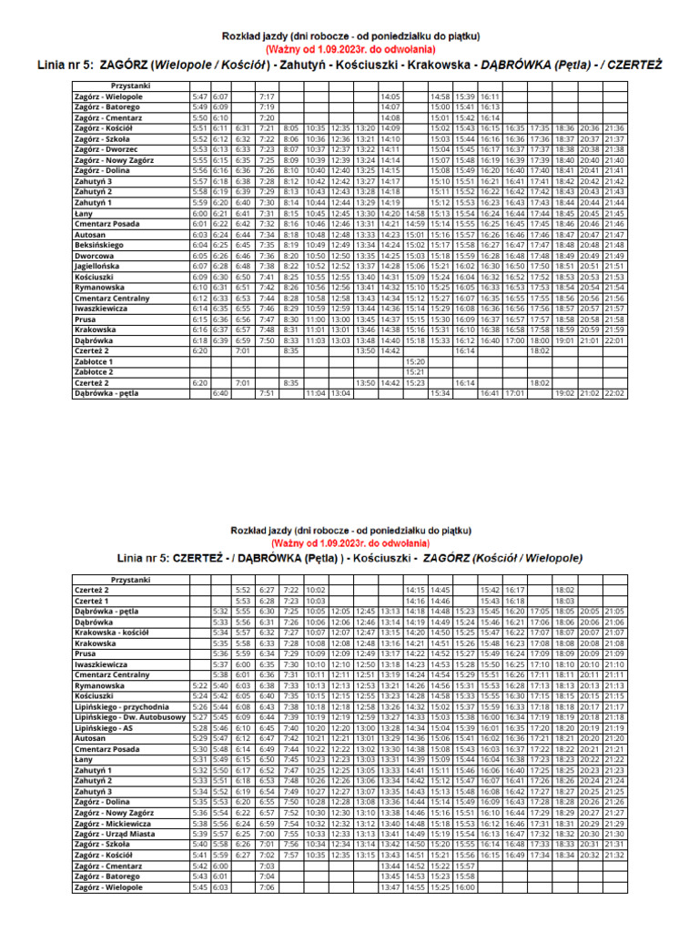 2023 - 09 Rozklad Jazdy Linia 5 R | PDF