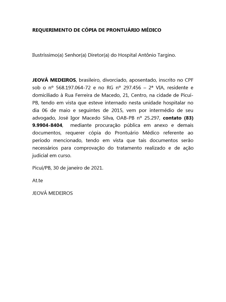 Requerimento de Cópia de Prontuário Médico | PDF