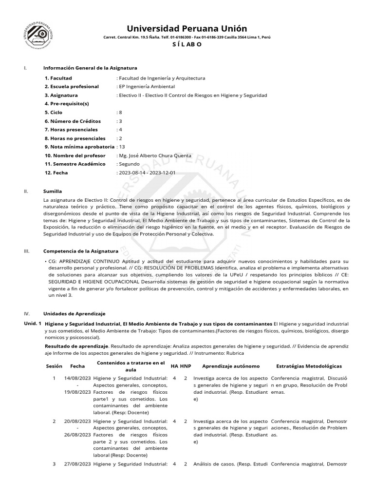 Syllabus Electivo II Control de Riesgos en Higiene y Seguridad | PDF ...