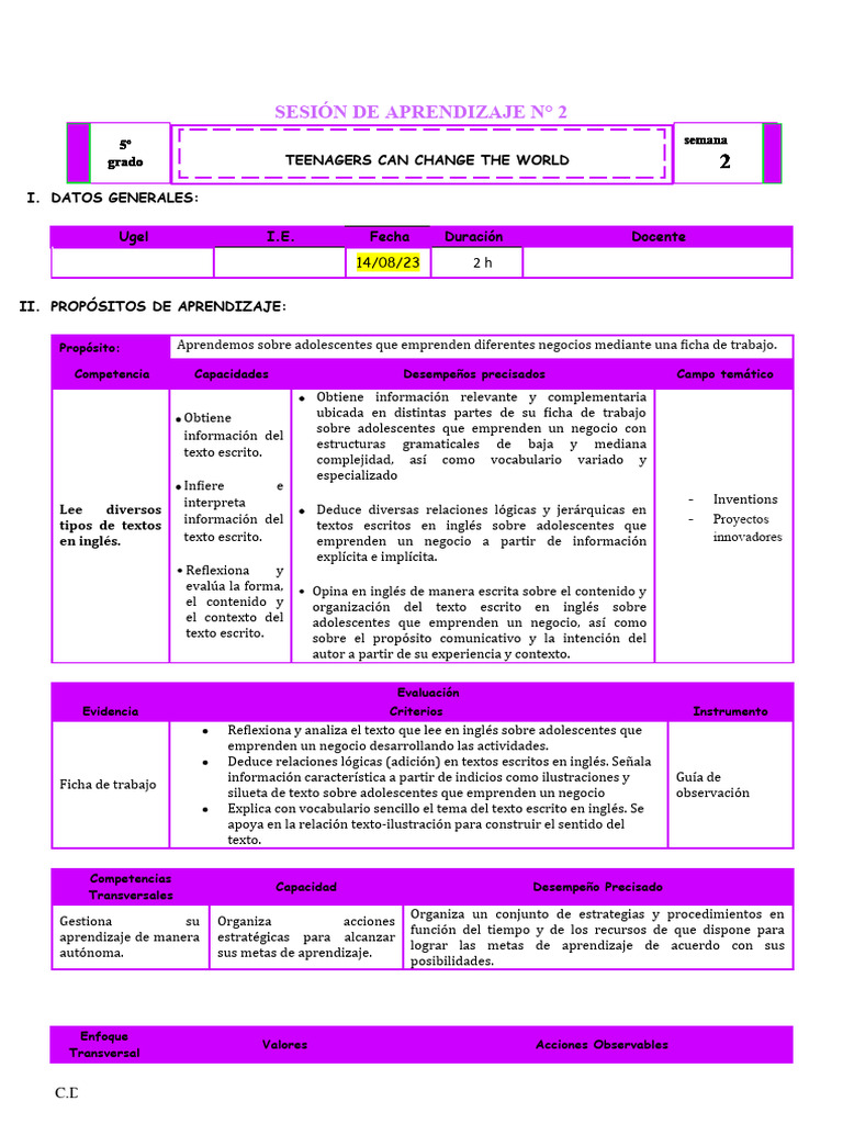 5° Sesión de Aprendizaje Sesión 2-Sem.2-Exp.5-Inglés | Descargar gratis PDF | Aprendizaje ...