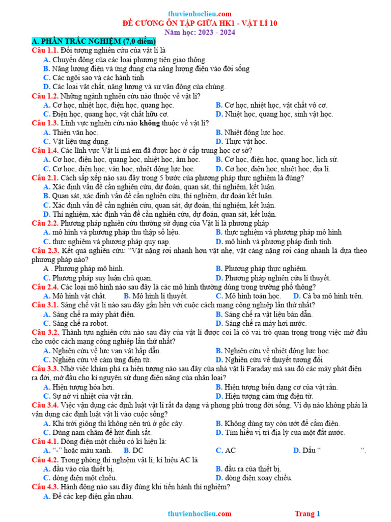 De Cuong On Tap Giua HK1 Vat Li 10 KNTT Hay | PDF