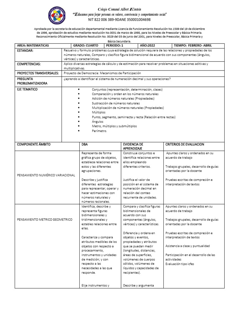 Plan de Area Cuarto Primer Periodo 2022 1 | PDF | Organismos ...