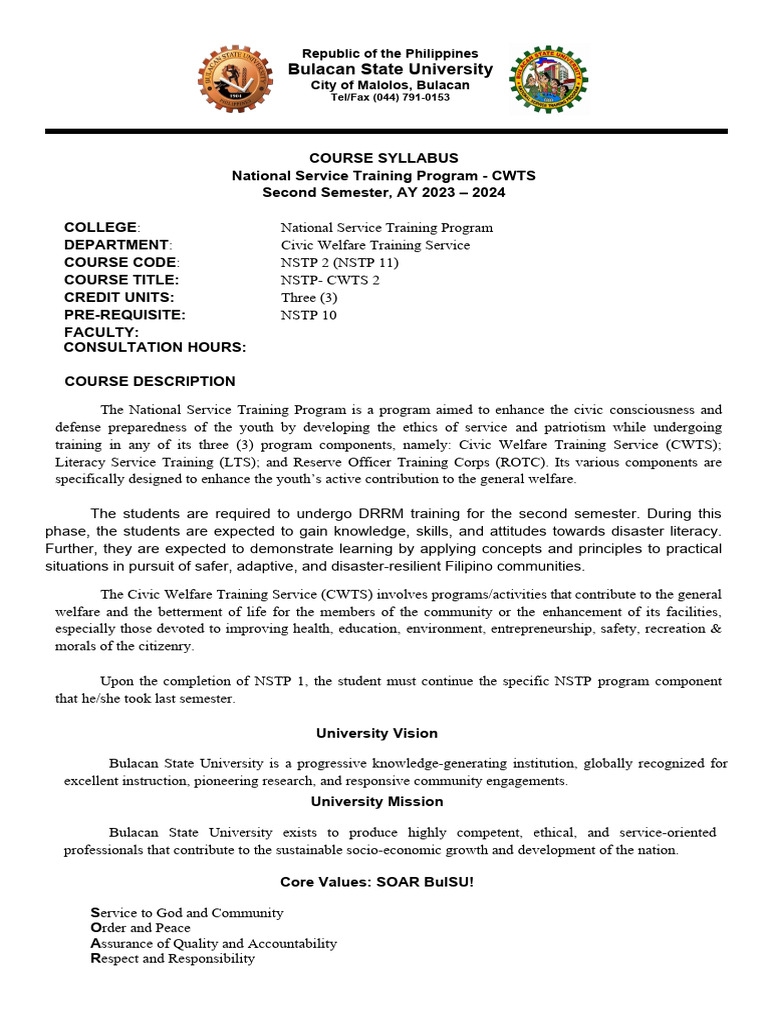 NSTP 2 CWTS Final Course Syllabus For AY 2023 2024. 1 2 | PDF | First ...