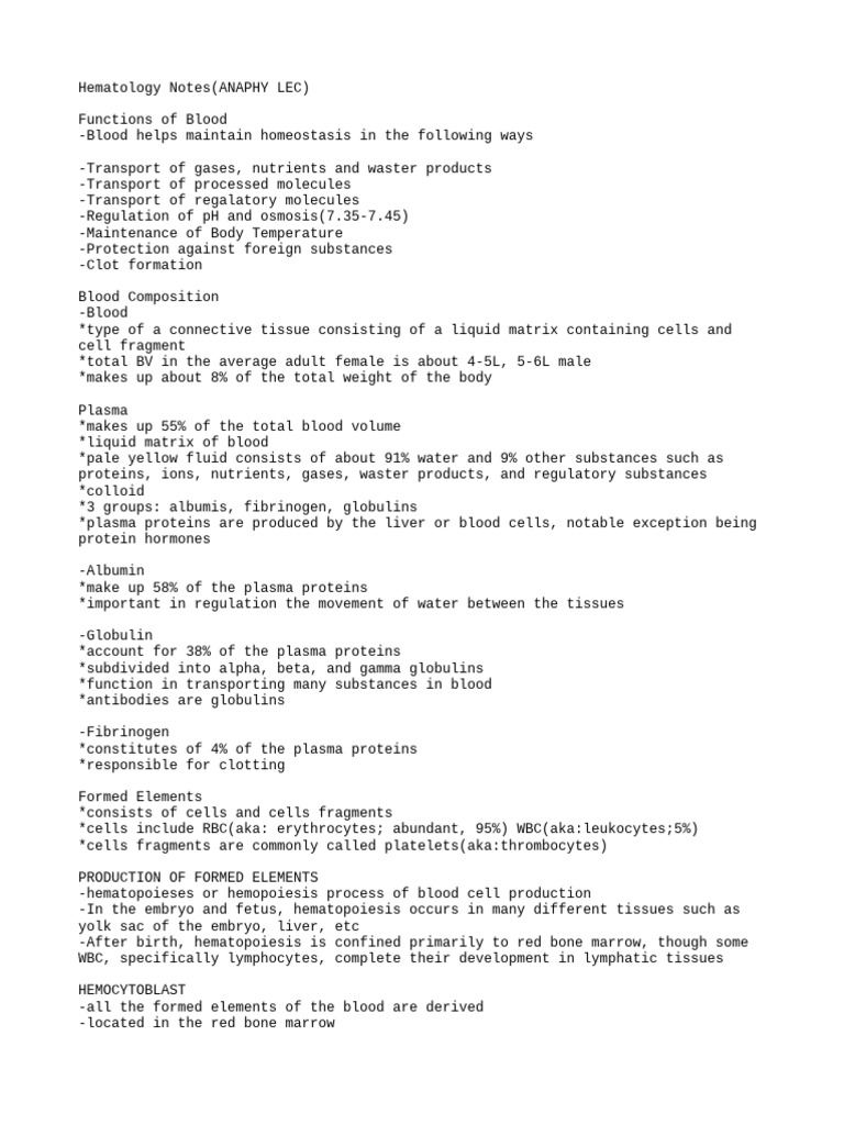 Hematology Notes Lecture | PDF | White Blood Cell | Coagulation Hematology Notes Lecture | PDF | White Blood Cell | Coagulation