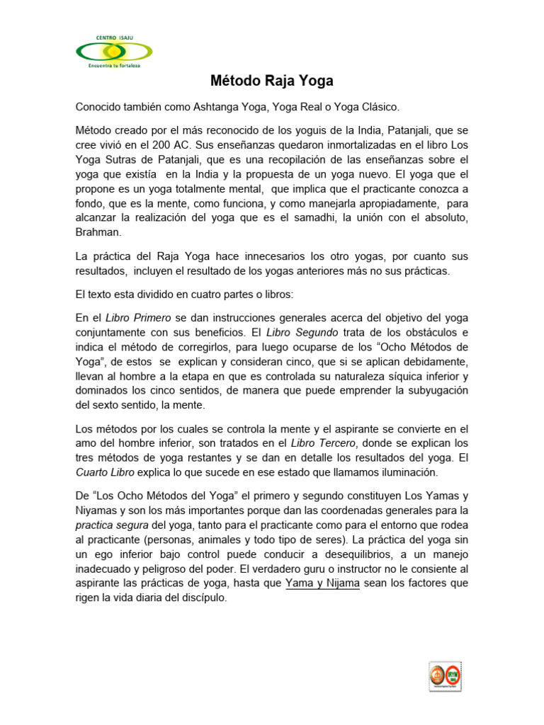 Método Raja Yoga: Ocho Métodos de Patanjali | PDF | Yoga | Mente