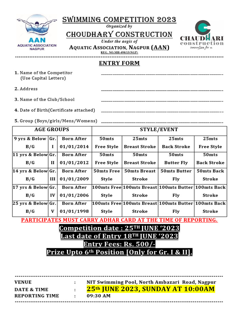 CHOUDHARY CONSTRUCTION Swim Competition 2023 | PDF | Swimming | Water Sports