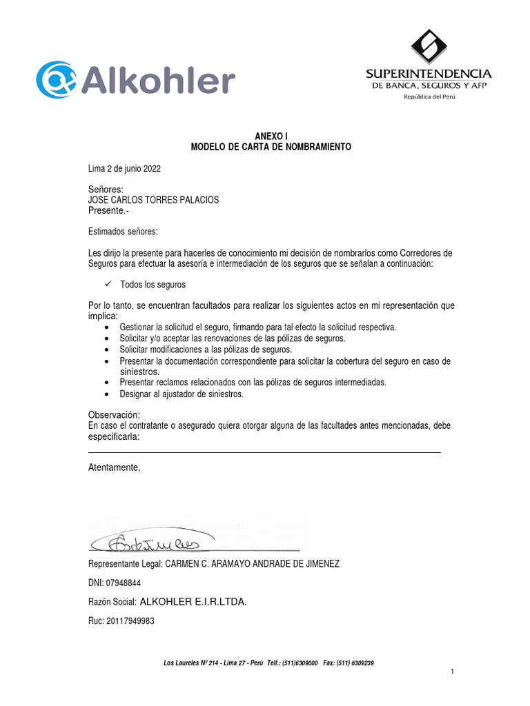 Carta de Nombramiento ALKHOLER - 4 POLIZAS TRECK | PDF | Póliza de seguros | Seguro