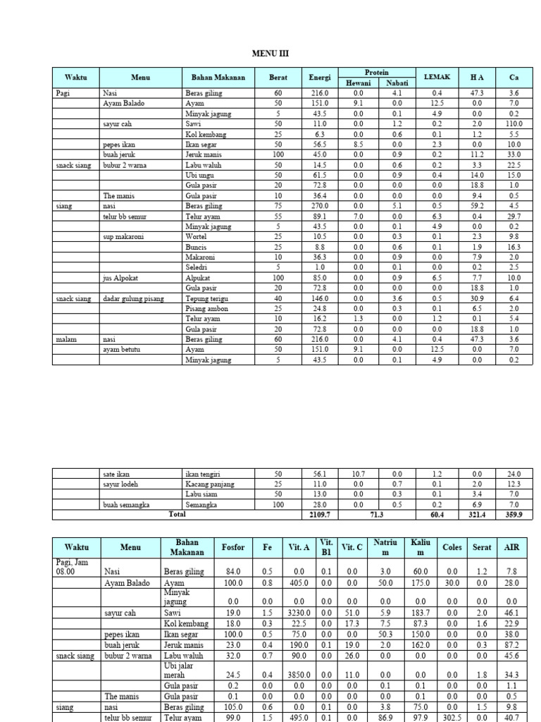 Nutritional Menu Breakdown | PDF | Prepared Foods | Indonesia