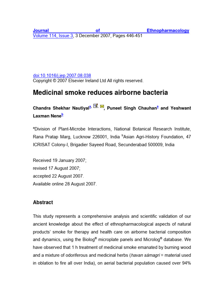 Medicinal Smoke Reduces Airborne Bacteri | PDF | Bacteria | Smoke