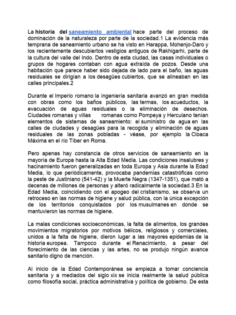 Historia del Saneamiento Básico | PDF | Saneamiento | imperio Romano