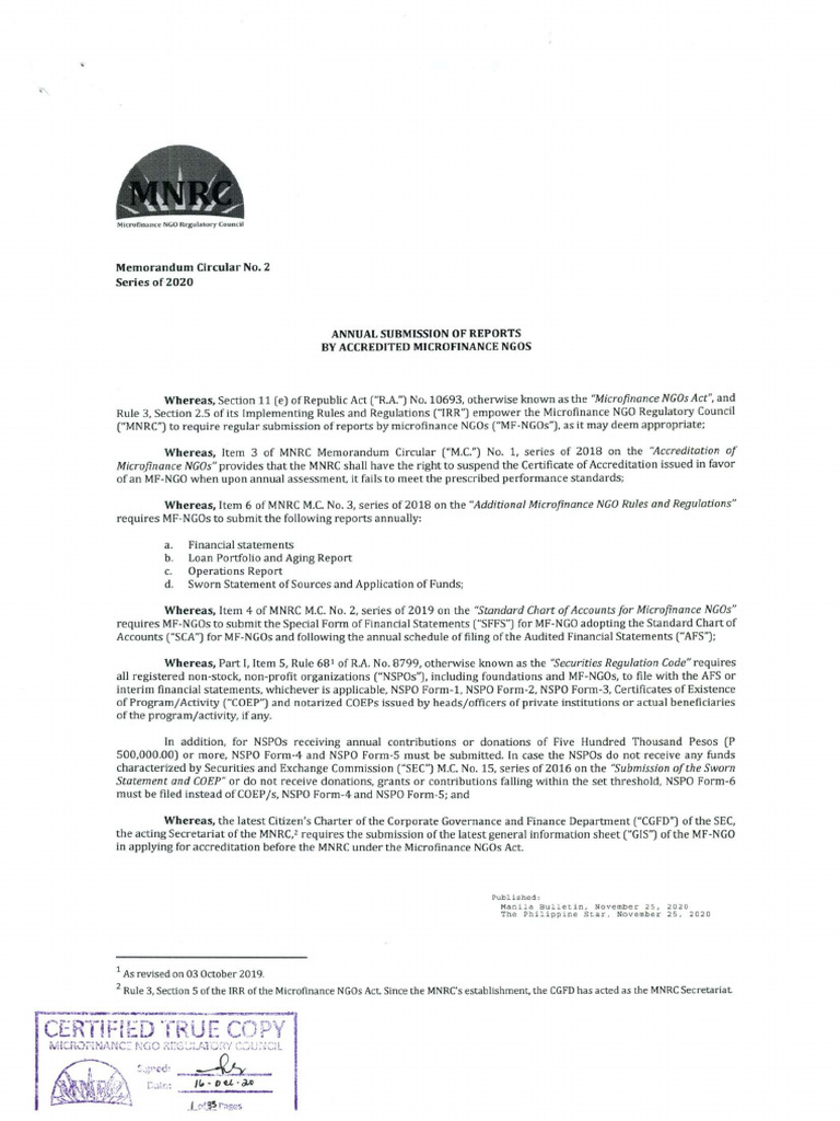 MNRC Memorandum Circular No 2 Series of 2020 | PDF | Cash And Cash Equivalents | Fair Value