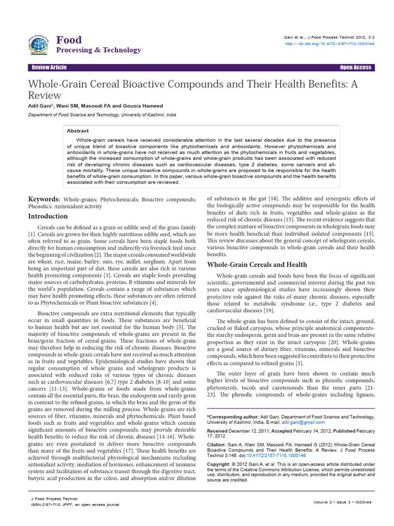 Whole Grain Cereal Bioactive Compounds and Their Health Benefits A Review 2157 7110.10001463 ...